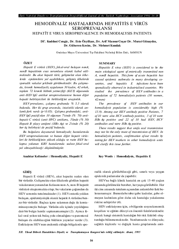 (PDF) Hepatitis E virus Seroprevalence in Hemodialysis Patients | Murat ...
