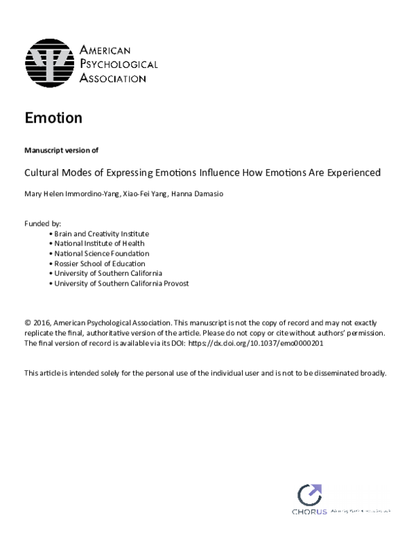 (PDF) Emotion Cultural Modes of Expressing Emotions Influence How ...