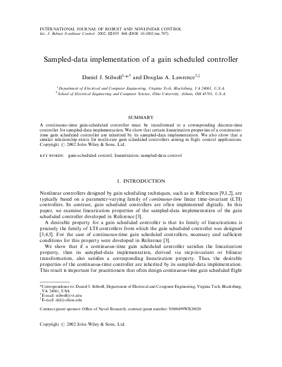 Pdf Sampled Data Implementation Of A Gain Scheduled Controller