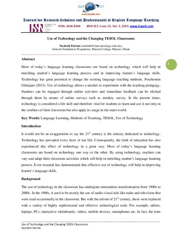 (PDF) Use of Technology and the Changing TESOL Classrooms