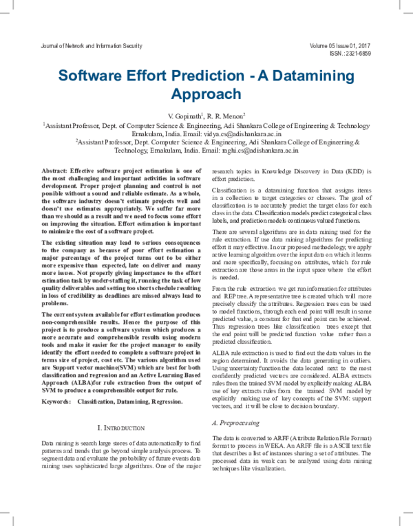 (PDF) Software Effort Prediction - A Datamining Approach