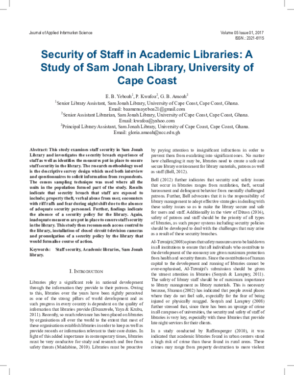 (PDF) Security of Staff in Academic Libraries: A Study of Sam Jonah ...