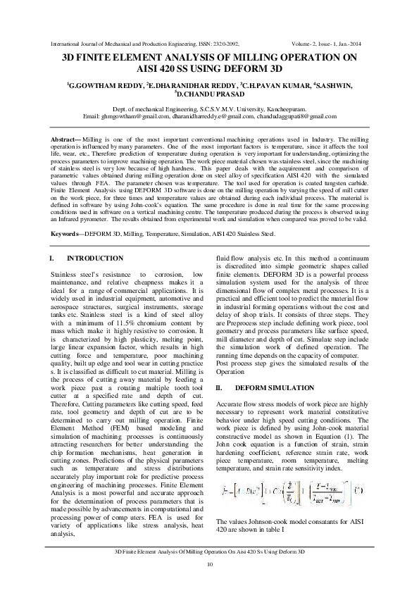 (PDF) 3D FINITE ELEMENT ANALYSIS OF MILLING OPERATION ON AISI 420 SS USING DEFORM 3D