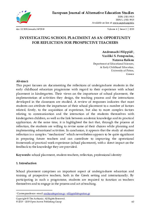 (PDF) INVESTIGATING SCHOOL PLACEMENT AS AN OPPORTUNITY FOR REFLECTION ...