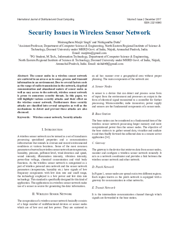 (PDF) Security Issues in Wireless Sensor Network (PDF) Security Issues in Wireless Sensor Network