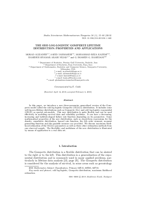(PDF) THE ODD LOG-LOGISTIC GOMPERTZ LIFETIME DISTRIBUTION: PROPERTIES AND APPLICATIONS