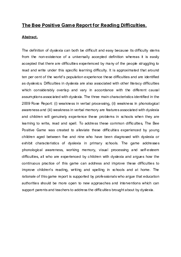 (PDF) The Bee Positive Game Report for Reading Difficulties