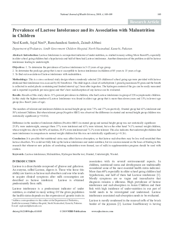 (PDF) Prevalence of Lactose Intolerance and its Association with ...