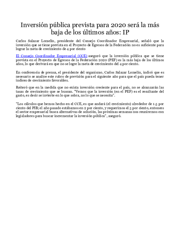 (DOC) Inversión pública prevista para 2020 será la más baja de los ...