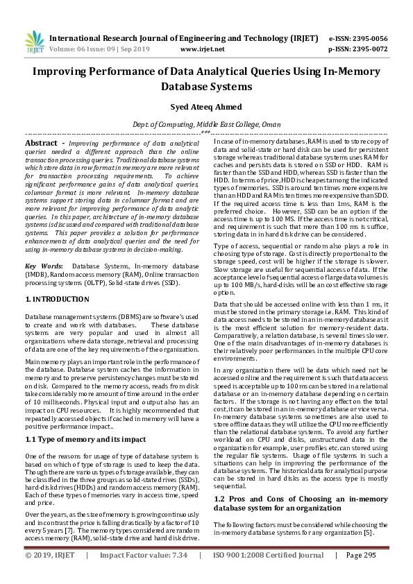 (PDF) IRJET- Improving Performance of Data Analytical Queries Using In-Memory Database Systems