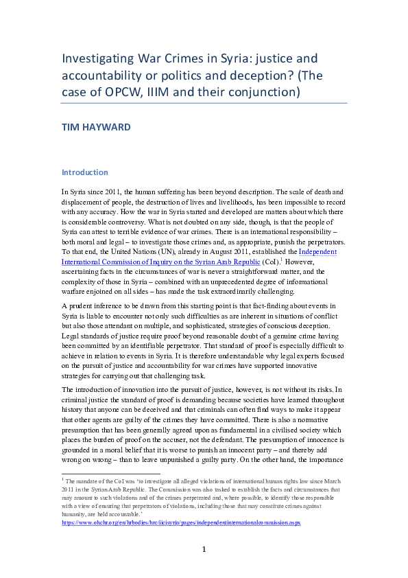 (PDF) Investigating War Crimes in Syria: OPCW, IIIM and their conjunction