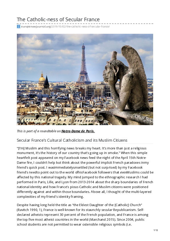 (PDF) The Catholic-ness of Secular France: Secular France’s Cultural ...