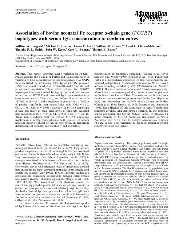 (PDF) Association of bovine neonatal Fc receptor a-chain gene (FCGRT ...