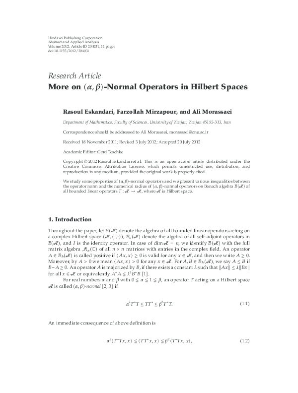(PDF) More on (𝜶,𝜷)-Normal Operators in Hilbert Spaces