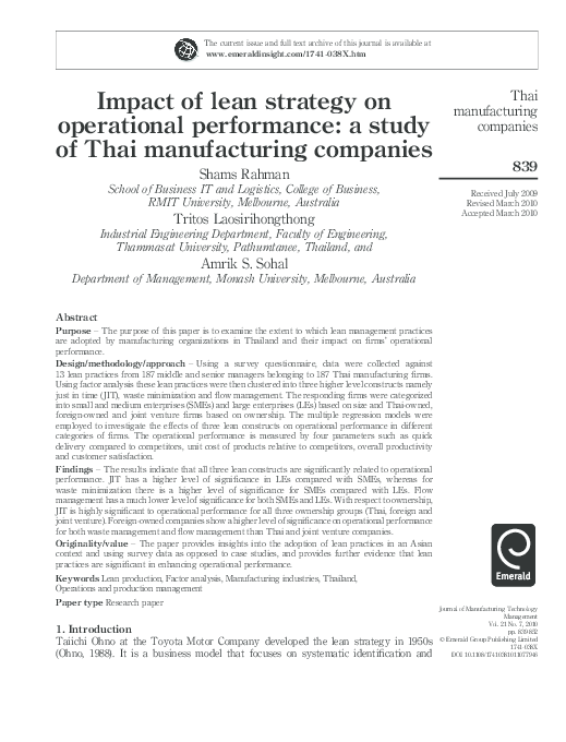 (PDF) Impact of lean strategy on operational performance: a study of Thai manufacturing companies