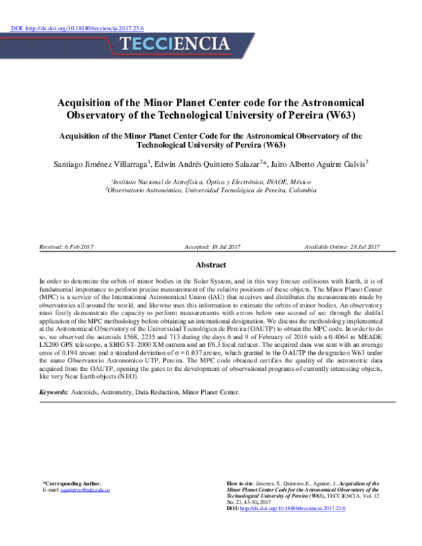 (PDF) Acquisition of the Minor Planet Center code for the Astronomical ...