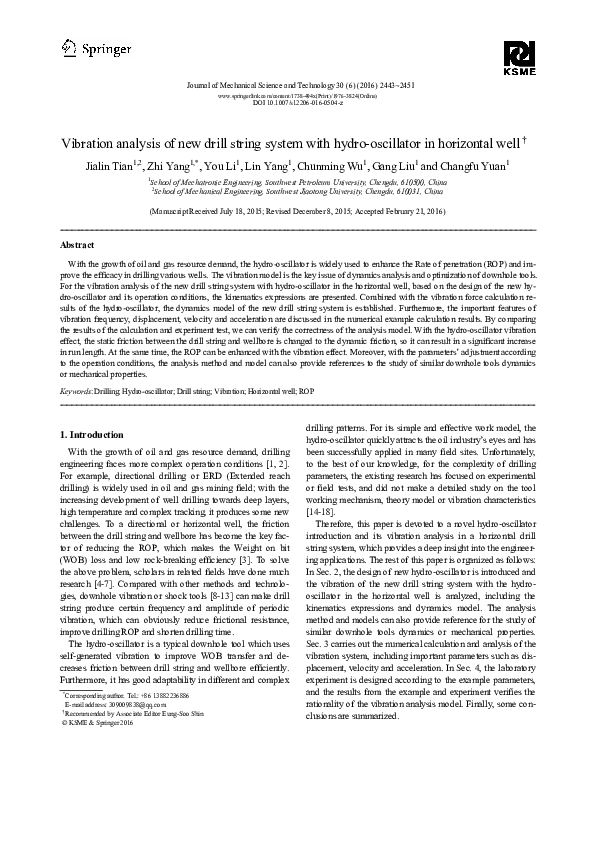Pdf Vibration Analysis Of New Drill String System With Hydro Oscillator In Horizontal Well