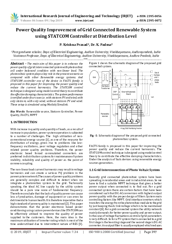 Pdf Power Quality Improvement Of Grid Connected Renewable System Using Statcom Controller At