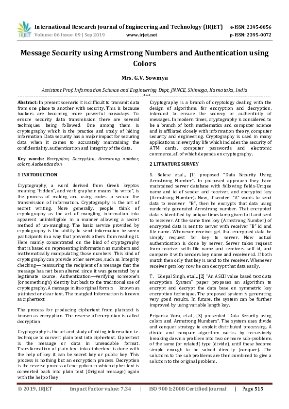 (PDF) IRJET- Message Security using Armstrong Numbers and Authentication using Colors