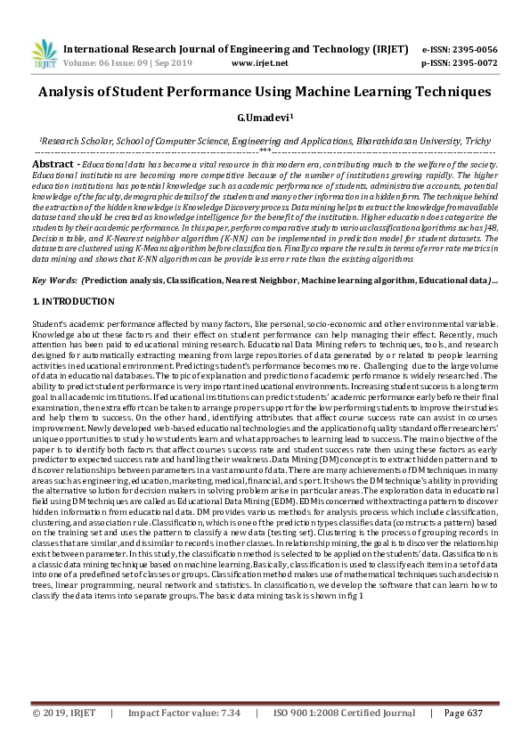 (PDF) IRJET- Analysis of Student Performance Using Machine Learning ...