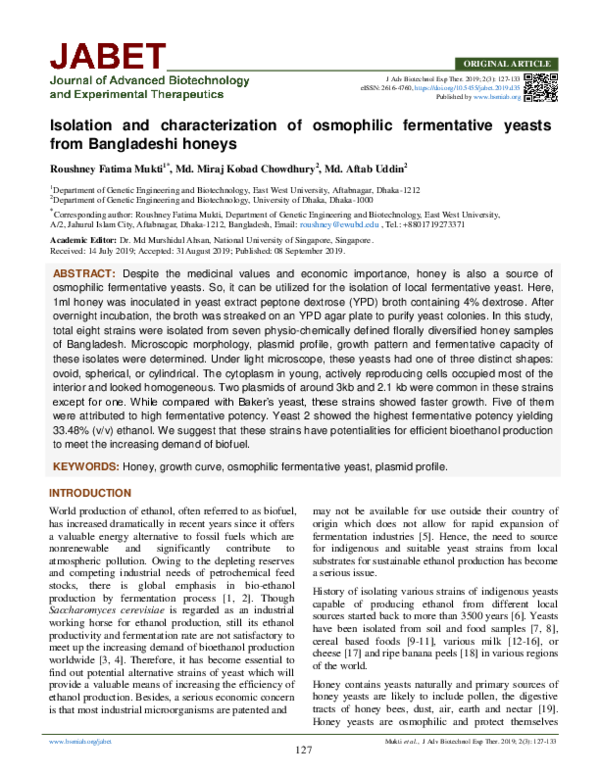 (PDF) Isolation and characterization of osmophilic fermentative yeasts from Bangladeshi honeys