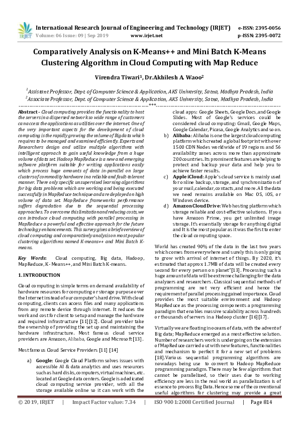 Pdf Irjet Comparatively Analysis On K Means And Mini Batch K Means Clustering Algorithm In 