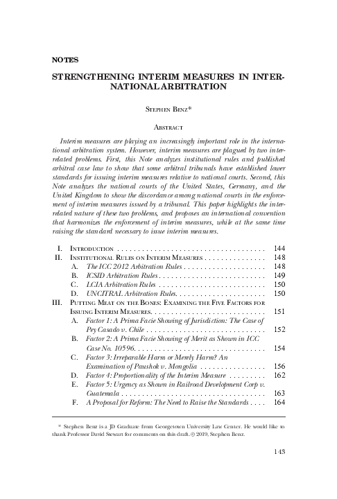 (PDF) STRENGTHENING INTERIM MEASURES IN INTER- NATIONAL ARBITRATION