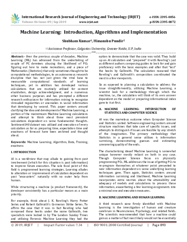 (PDF) IRJET- Machine Learning: Introduction, Algorithms and Implementation