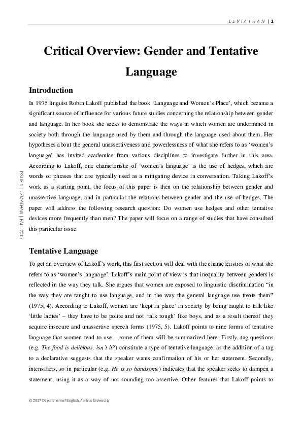 (DOC) Critical Overview: Gender and Tentative Language