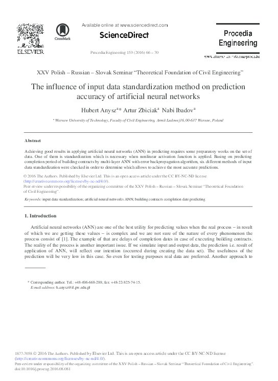 (PDF) The influence of input data standardization method on prediction ...