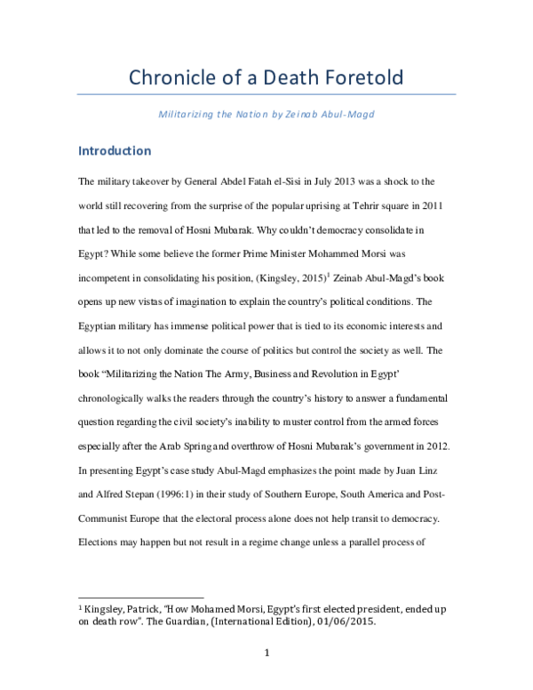 (DOC) Chronicle of a Death Foretold Militarizing the Nation by Zeinab ...