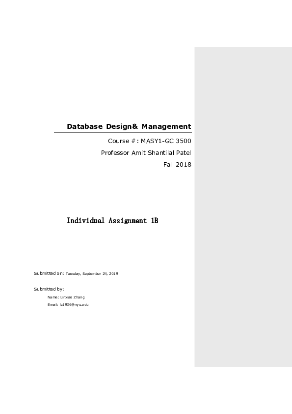 (DOC) Database Design& Management Individual Assignment 1B