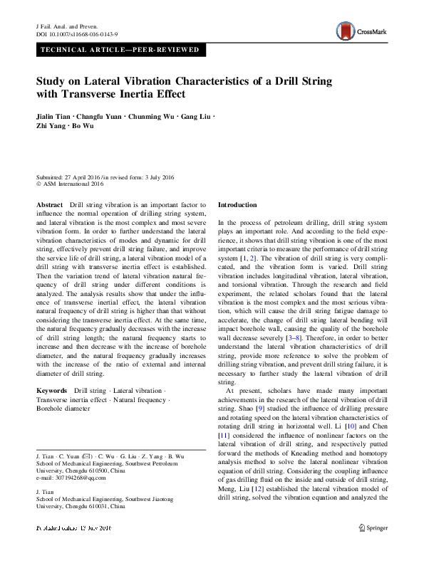 (PDF) Study on Lateral Vibration Characteristics of a Drill String with Transverse Inertia Effect