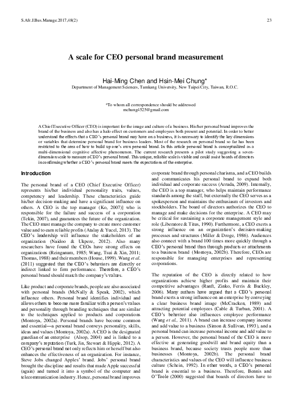 (PDF) A scale for CEO personal brand measurement