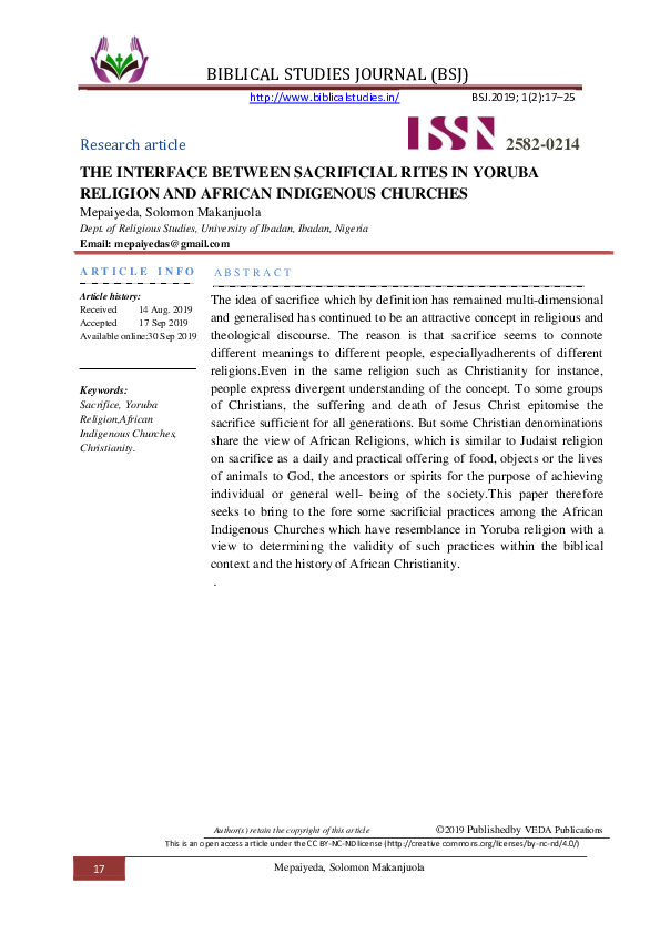 (PDF) 2582-0214 THE INTERFACE BETWEEN SACRIFICIAL RITES IN YORUBA ...