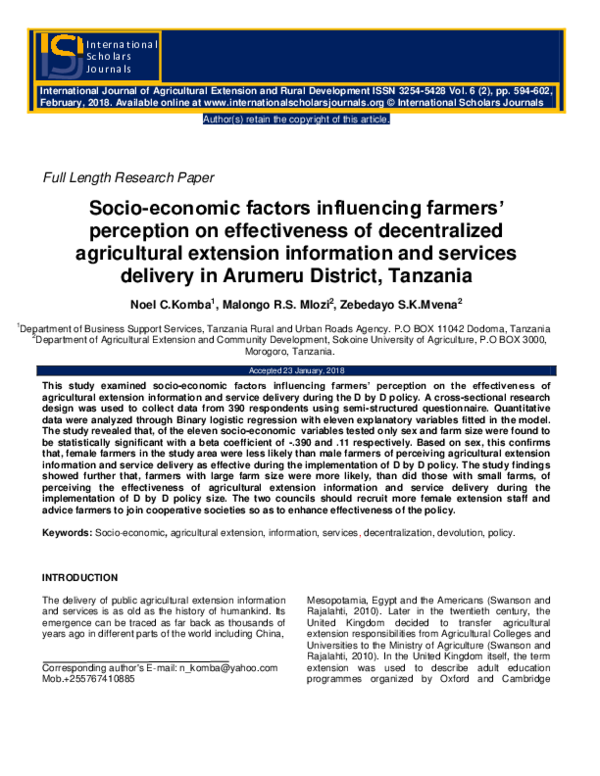 (PDF) Socio-economic factors influencing farmers' perception on effectiveness of decentralized ...