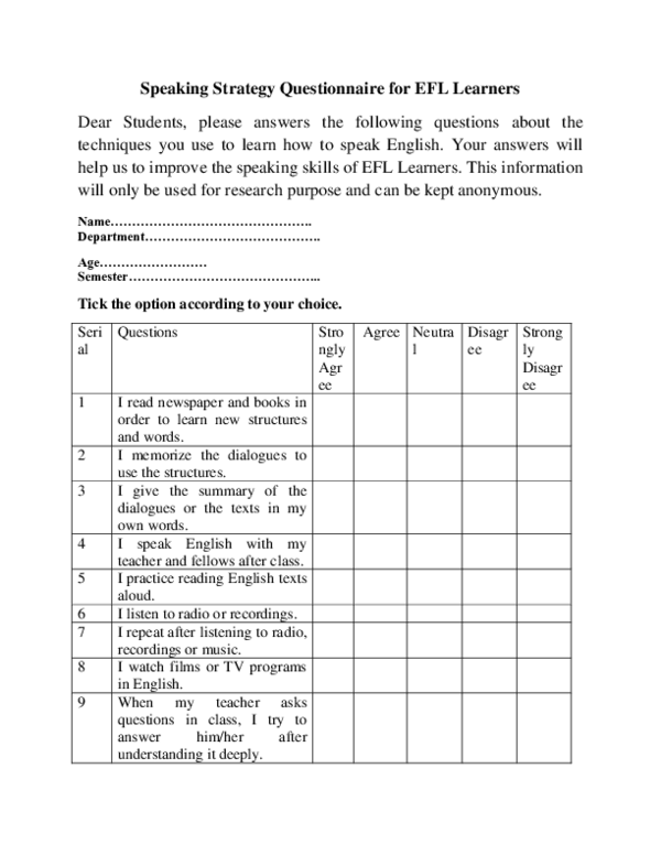 (DOC) Speaking Strategy Questionnaire for EFL Learners