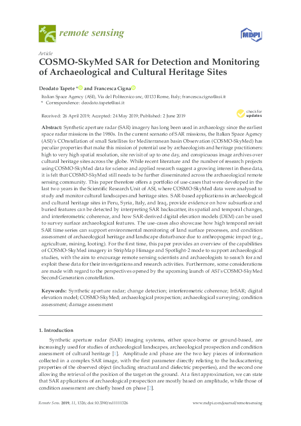 Pdf Cosmo Skymed Sar For Detection And Monitoring Of Archaeological And Cultural Heritage Sites