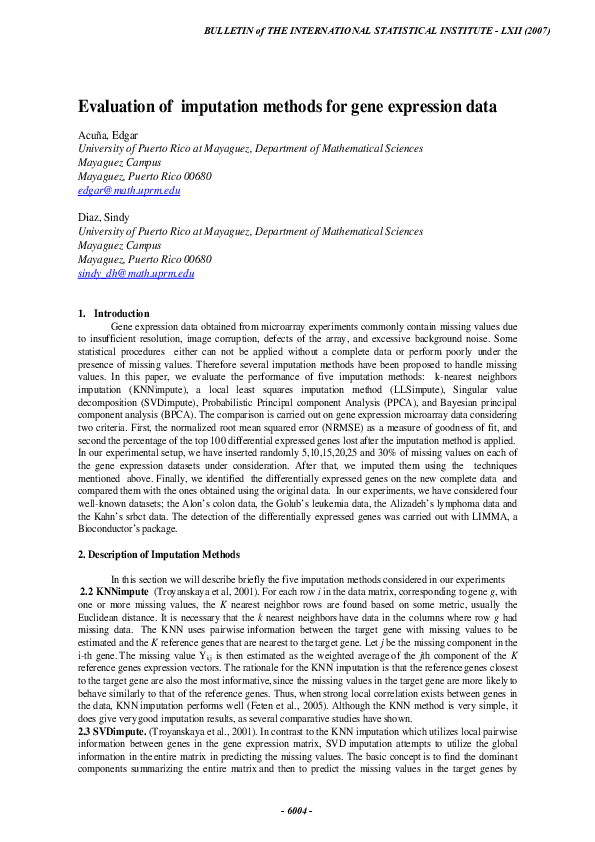 (PDF) Evaluation of imputation methods for gene expression data