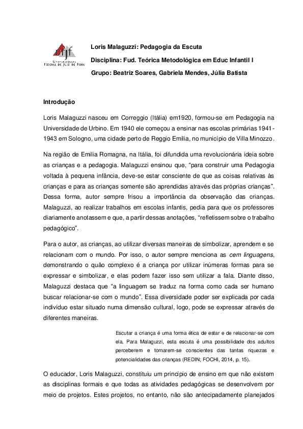 (PDF) Loris Malaguzzi: Pedagogia da Escuta Disciplina: Fud. Teórica ... (PDF) Loris Malaguzzi: Pedagogia da Escuta Disciplina: Fud. Teórica ...