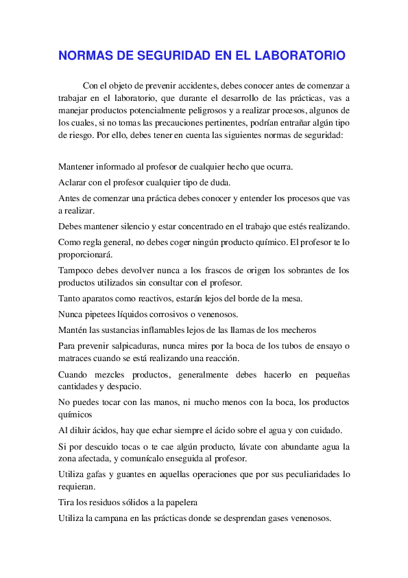 (DOC) NORMAS DE SEGURIDAD EN EL LABORATORIO