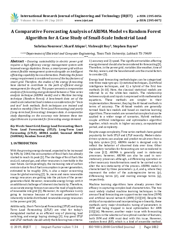 Pdf Irjet A Comparative Forecasting Analysis Of Arima Model Vs Random Forest Algorithm For A