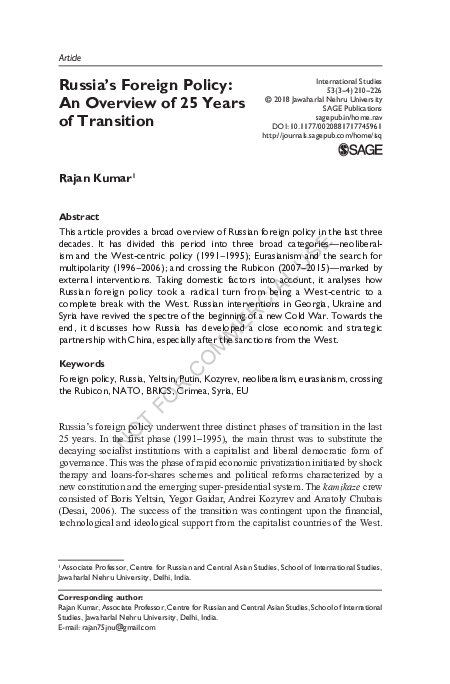 (PDF) Russia's Foreign Policy- An Overview of 25 Years of Transition