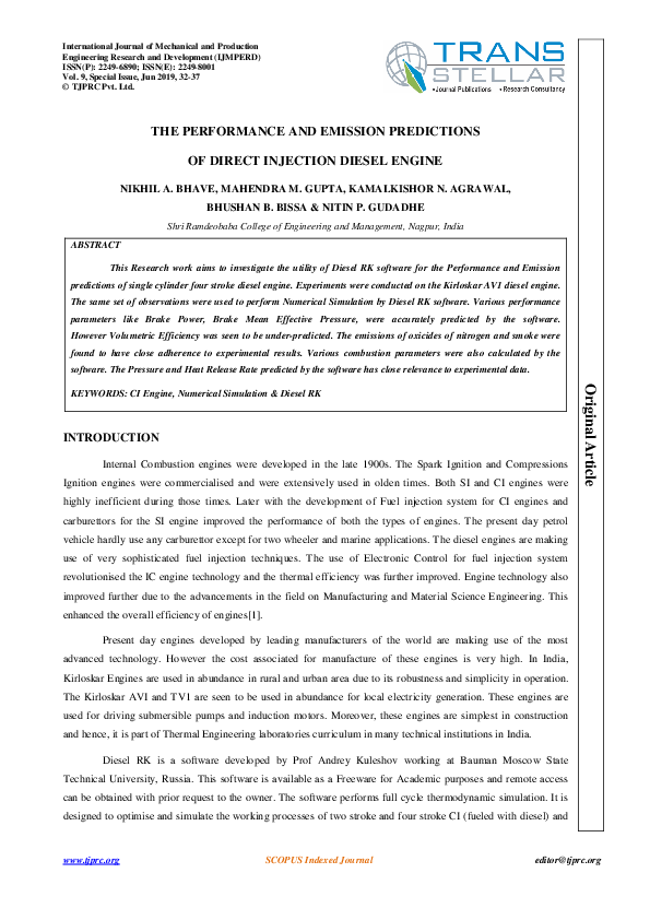 (PDF) THE PERFORMANCE AND EMISSION PREDICTIONS OF DIRECT INJECTION ...