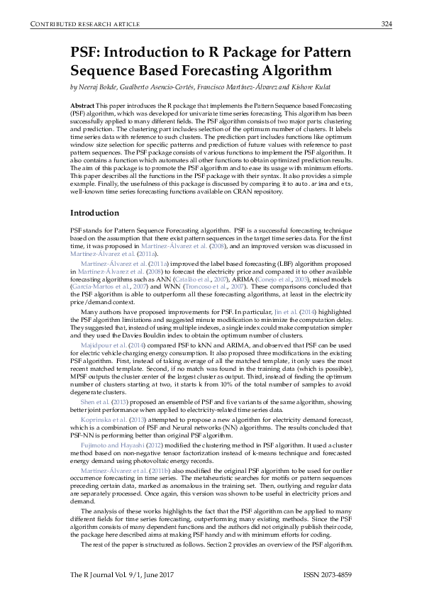 (PDF) PSF: Introduction to R Package for Pattern Sequence Based Forecasting Algorithm