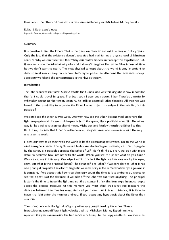 (PDF) How detect the Ether and how explain Einstein Simultaneity and ...