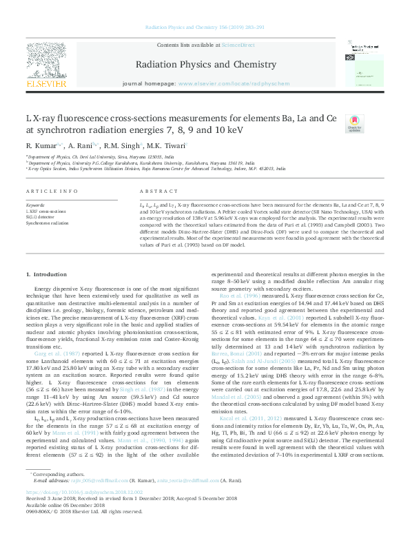 (PDF) L X-ray fluorescence cross-sections measurements for elements Ba, La and Ce at synchrotron ...