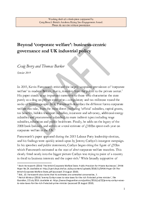 (PDF) Beyond 'corporate welfare': business-centric governance and UK ...