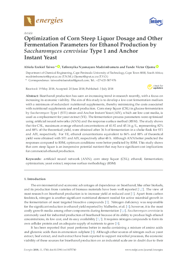Pdf Optimization Of Corn Steep Liquor Dosage And Other Fermentation Parameters For Ethanol