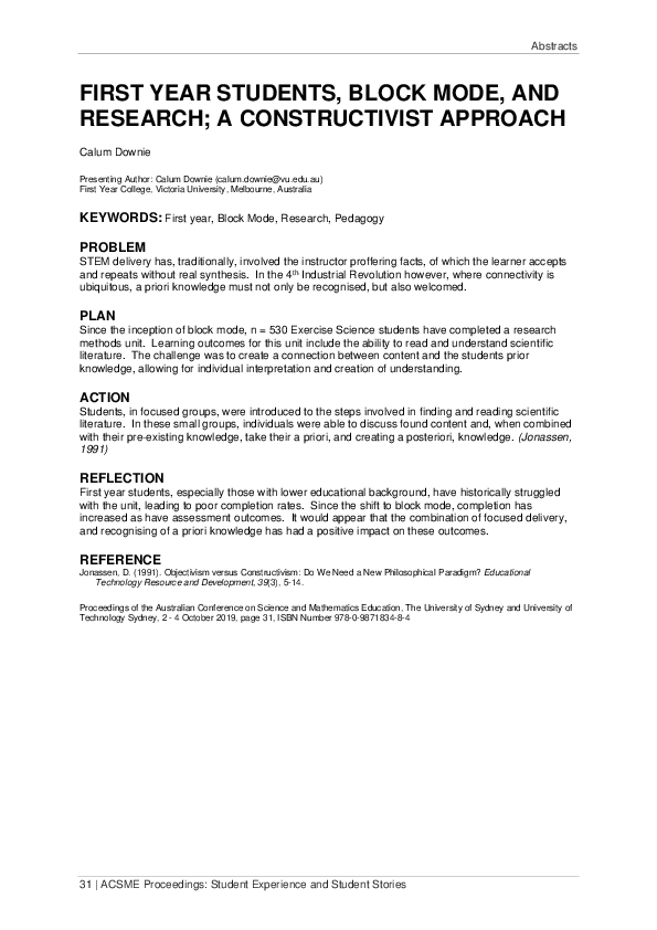 (PDF) FIRST YEAR STUDENTS, BLOCK MODE, AND RESEARCH; A CONSTRUCTIVIST ...